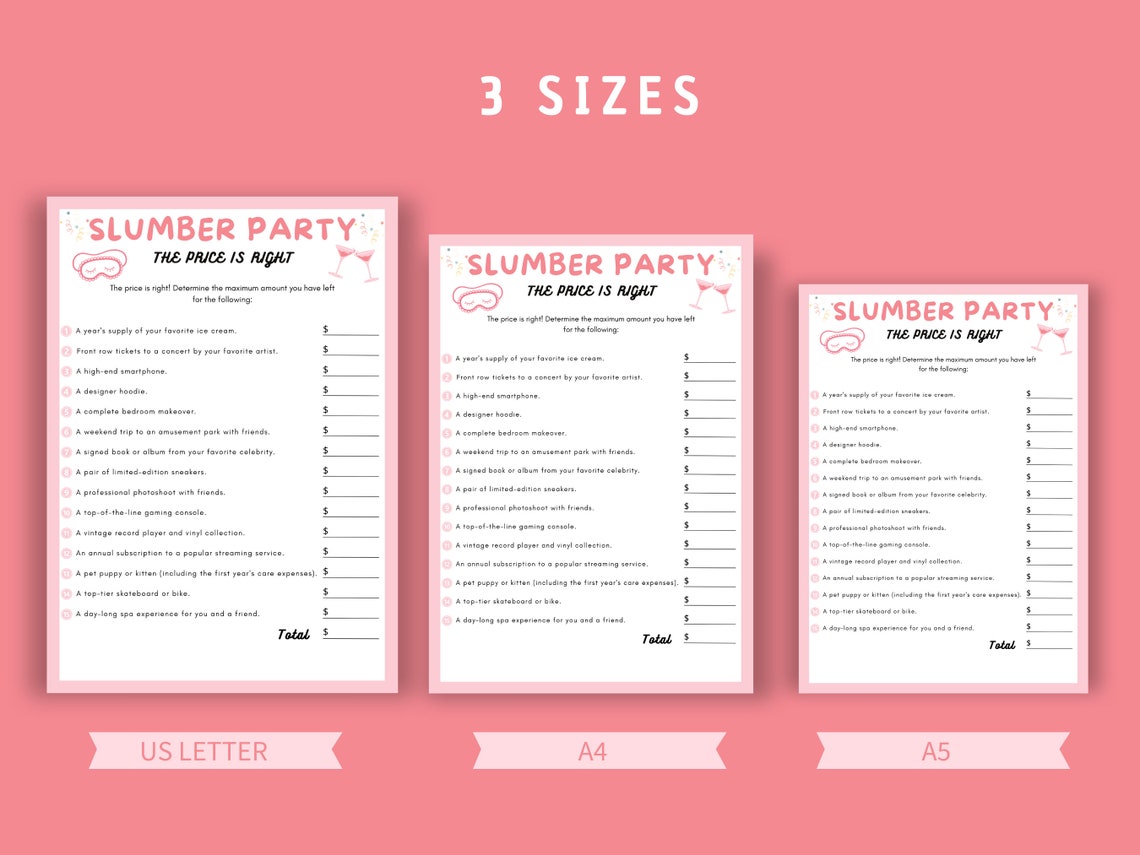 Slumber Party the Price is Right Game Printable Guessing Game Family ...
