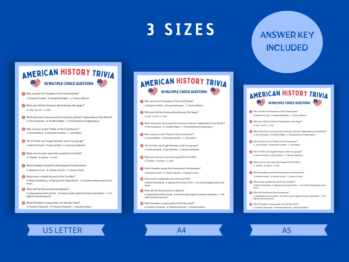 Printable American History Trivia Game | 50 Multiple Choice Questions ...