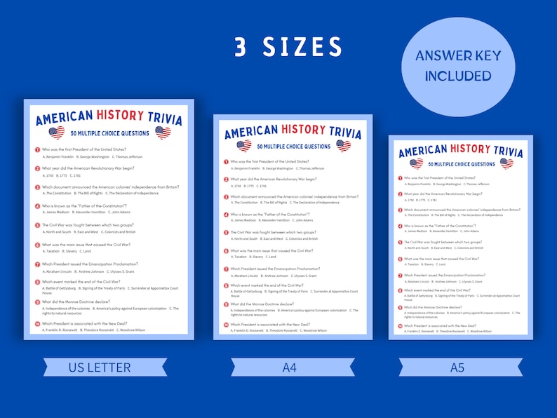 Printable American History Trivia Game | 50 Multiple Choice Questions ...
