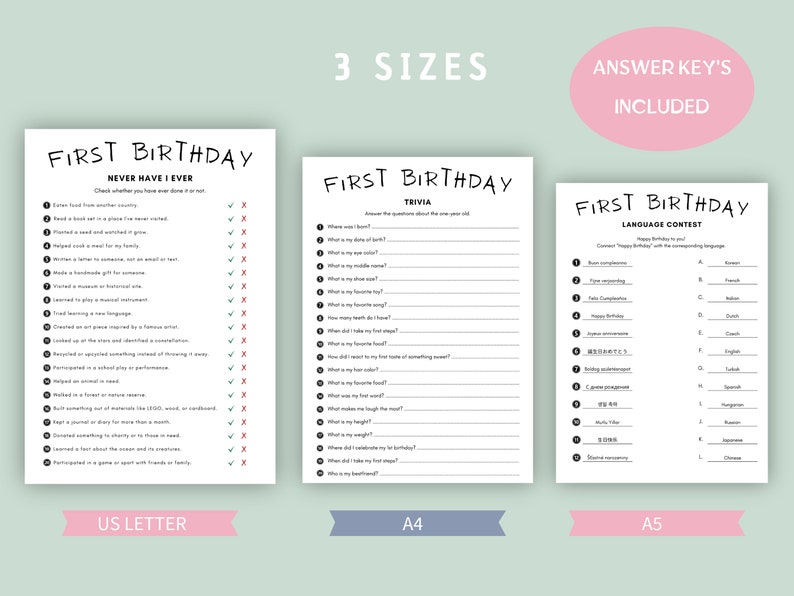 First Birthday Party Games Printable, 8-in-1 Baby Trivia Icebreaker ...