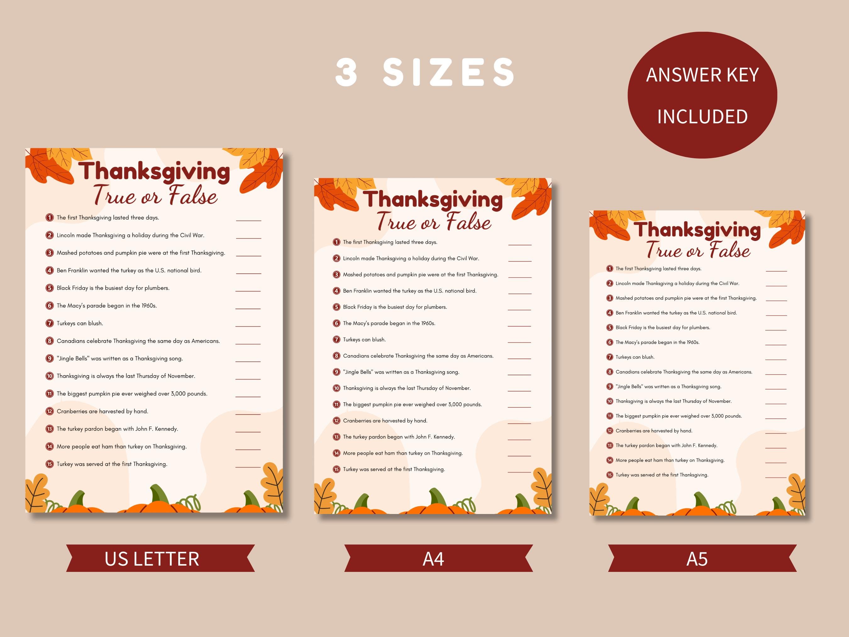 Thanksgiving True or False Game: Fun Trivia (digital Download) - Etsy