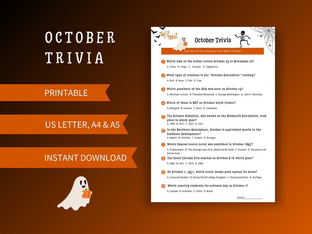 Printable October Trivia Game Fall Family Game Night Multiple Choice ...