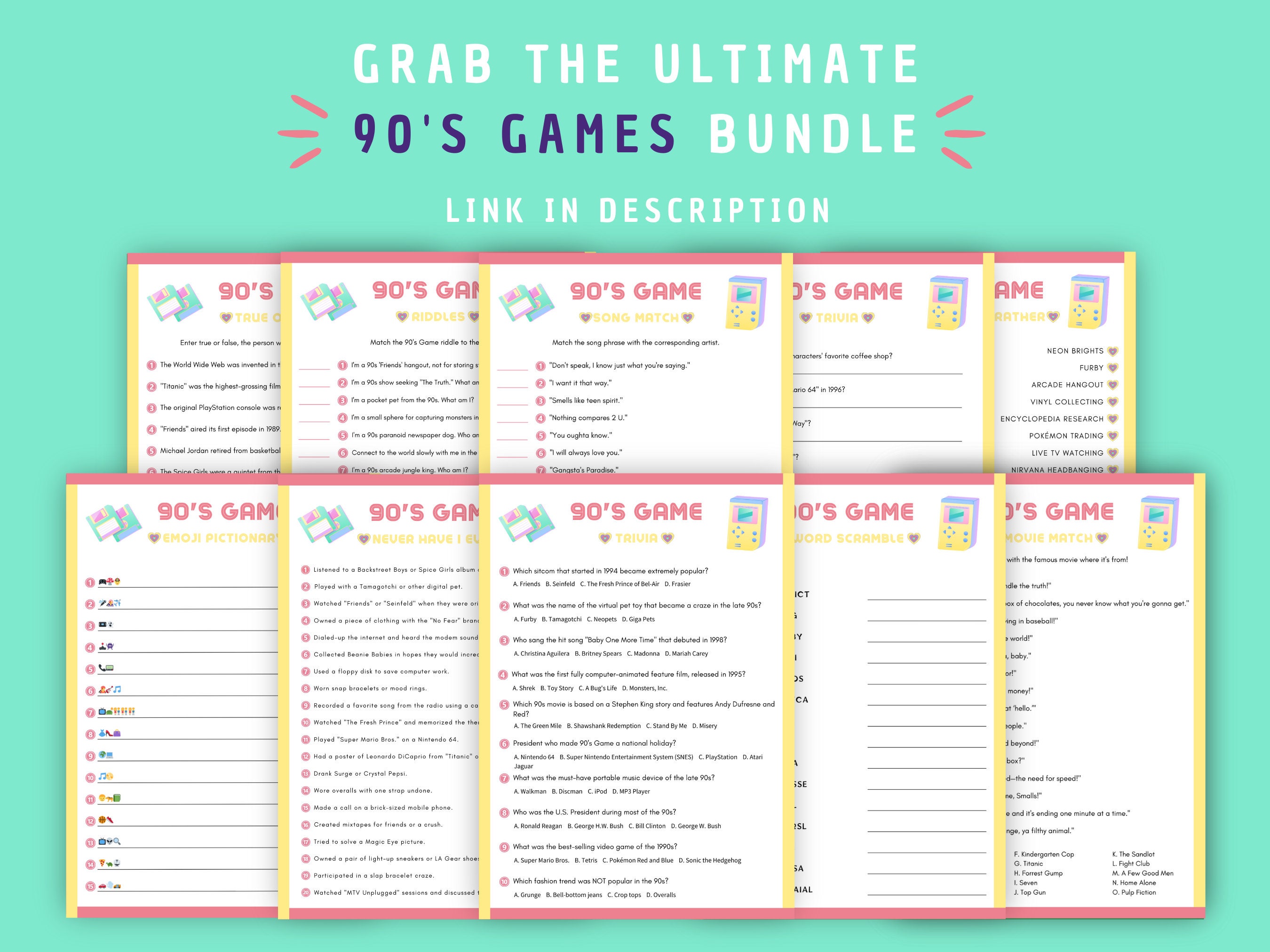 90s Movie Match Game Instant Download Printable 90s Trivia Retro Cinema ...