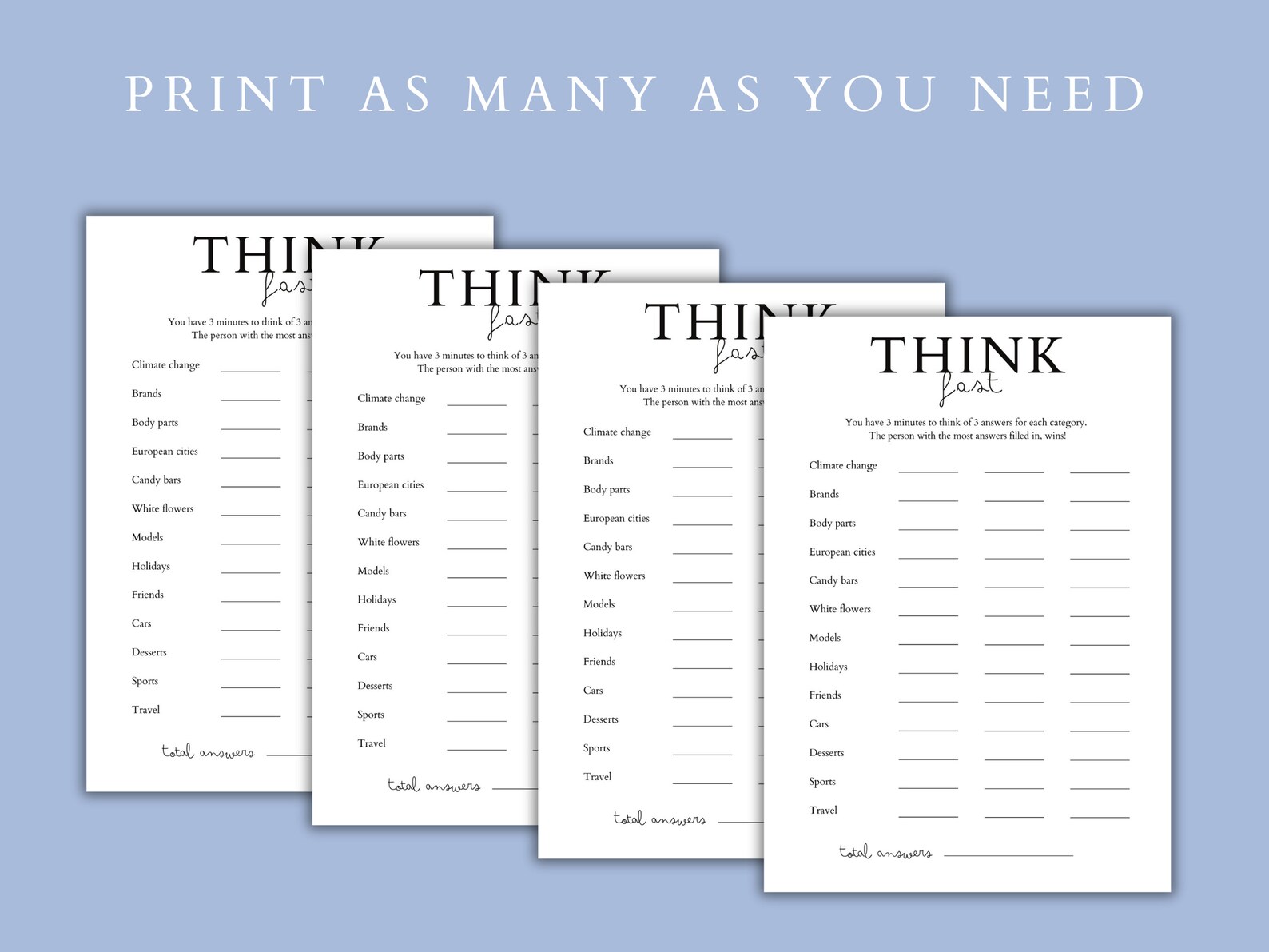 Think Fast Game | Printable Icebreaker | Quick Response Trivia | Family ...