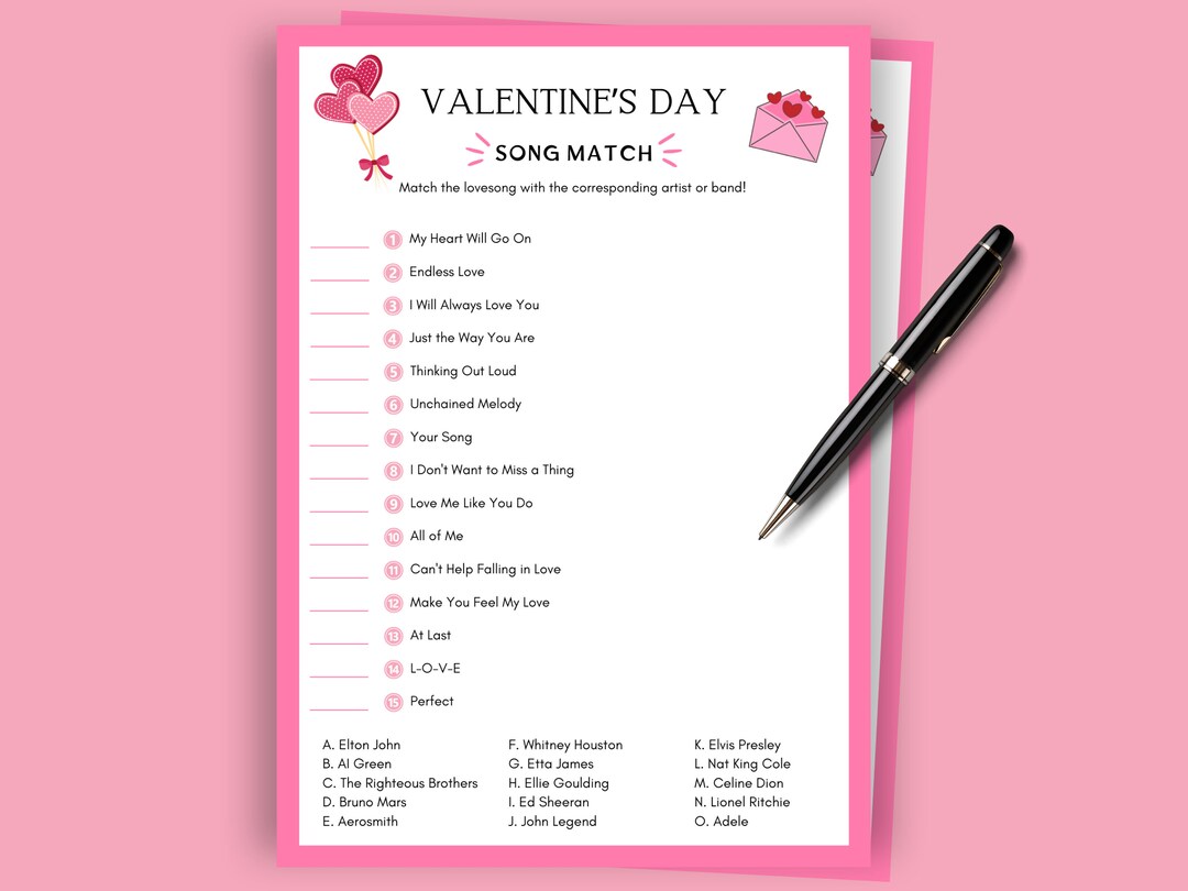 Printable Valentine's Day Song Match Game Match the Song to Answer ...
