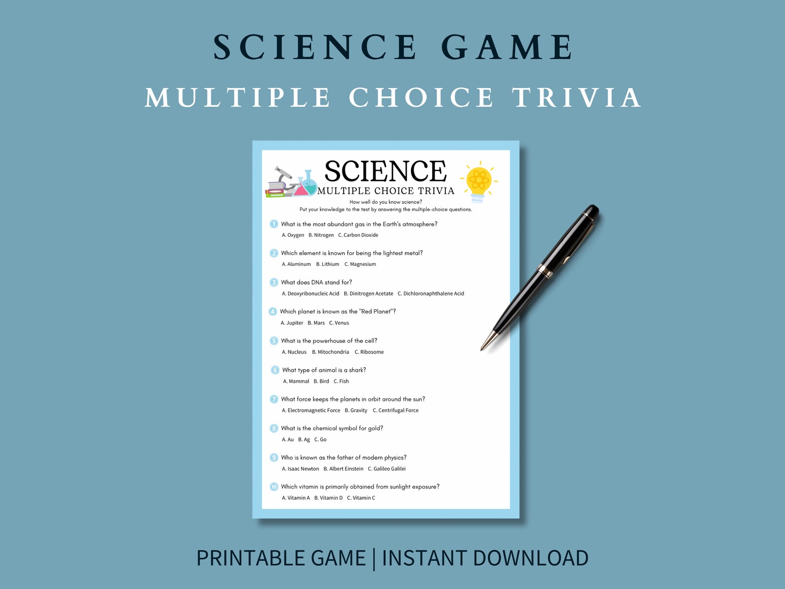 Printable Science Multiple Choice Trivia Game | Digital Download ...