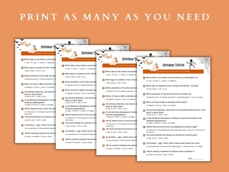Printable October Trivia Game Fall Family Game Night Multiple Choice ...
