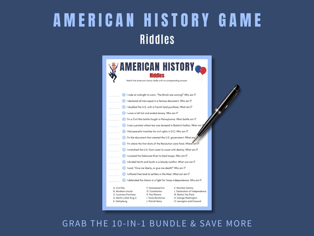 American History Riddles Game Printable, Trivia Icebreaker for Adults ...
