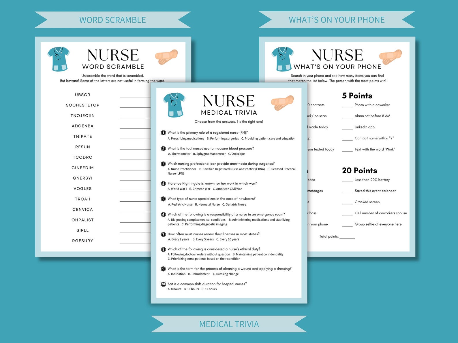 Nurse Games Bundle Printable: 15 Nursing Party Trivia & Quiz Games (PDF ...