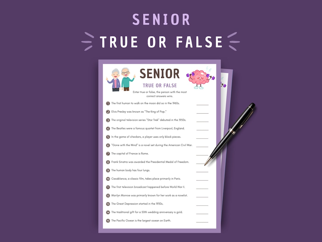 Senior True or False Game: Printable Trivia (instant Download) - Etsy