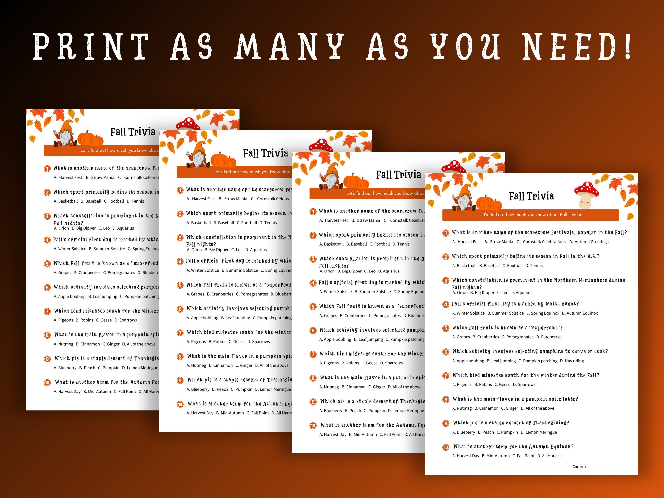 Printable Fall Trivia 2023 Autumn Multiple Choice Quiz Family Game ...