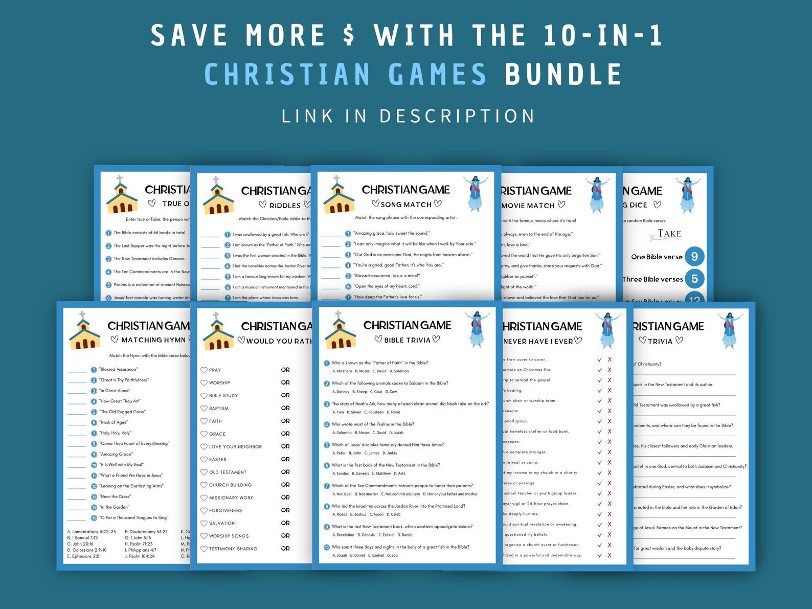 Printable Christian Games Bundle: Bible Trivia, Bingo, Charades ...