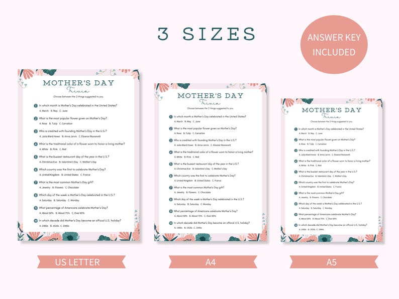 Mother’s Day Multiple Choice Trivia Game Printable, Fun Mom Quiz for ...