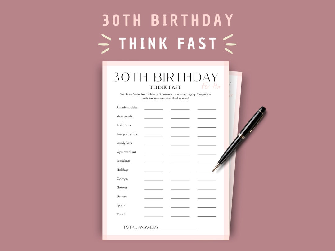 30th Birthday Think Fast Game | Printable Quick-thinking Game for Women ...