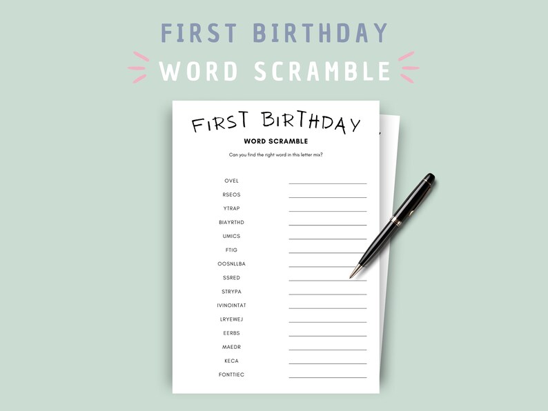First Birthday Word Scramble Game: Printable Party Trivia (digital ...