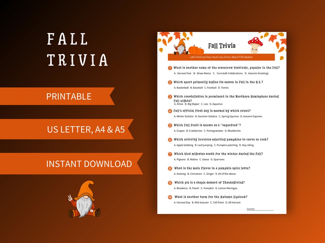 Printable Fall Trivia 2023 Autumn Multiple Choice Quiz Family Game ...
