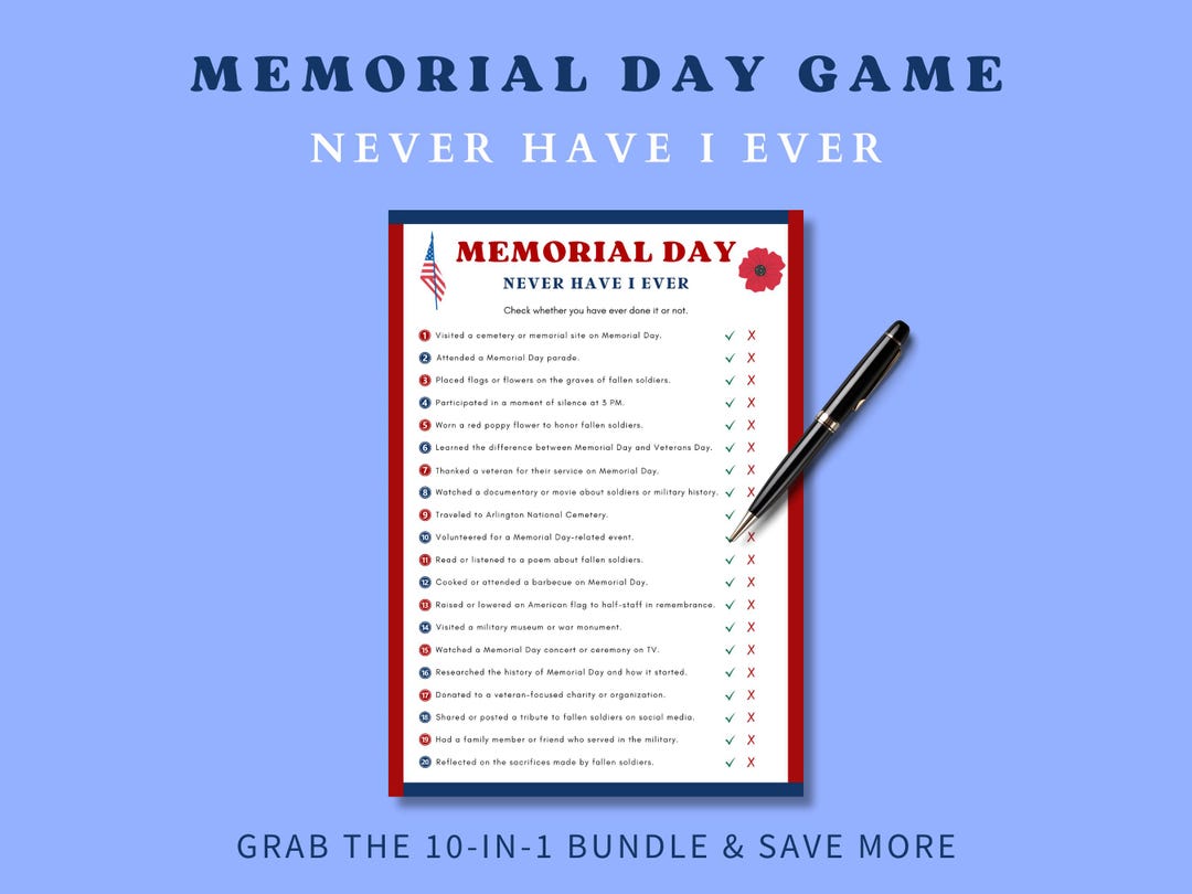 Memorial Day Never Have I Ever Game Printable, Patriotic Icebreaker for ...