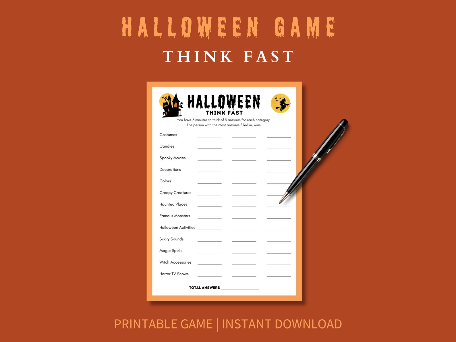 Printable Halloween Think Fast Game Family Trivia Game Fun Printable ...