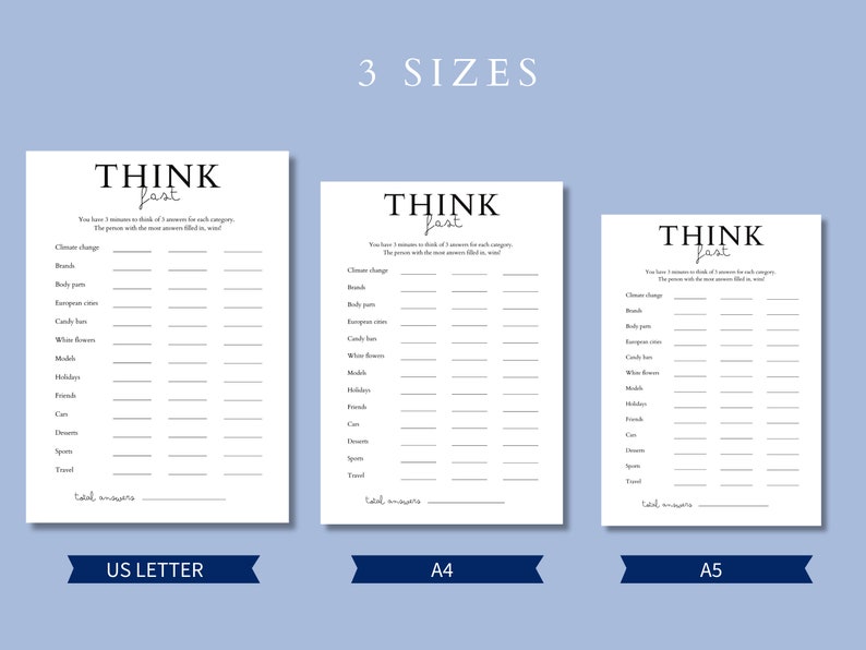 Think Fast Game | Printable Icebreaker | Quick Response Trivia | Family ...