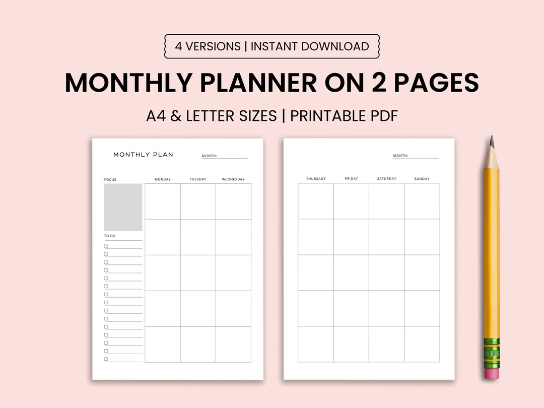 Printable Monthly Planner on Two Pages-month at a Glance-undated ...