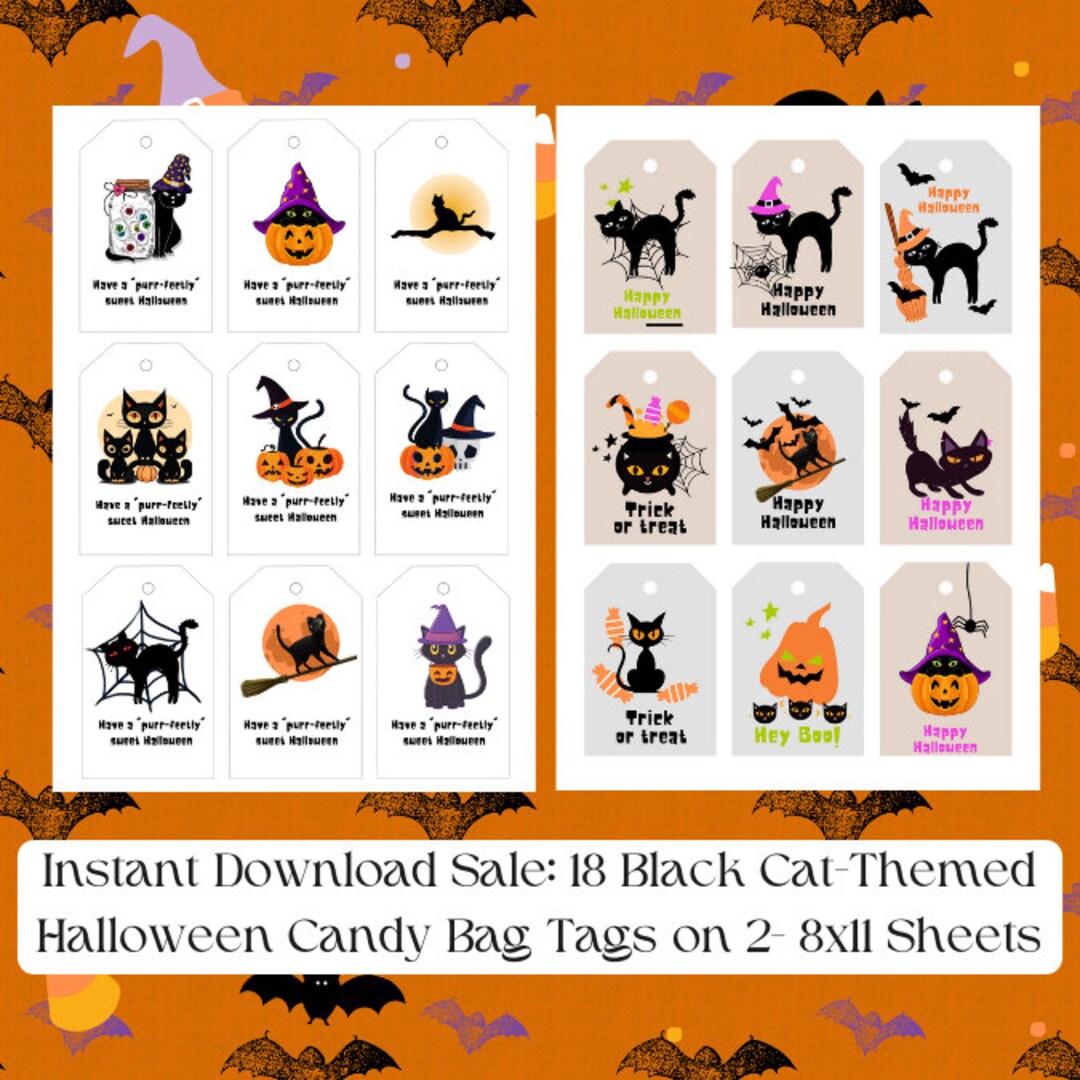 BLACK CAT Halloween Candy Tags: Instant Download Sale, 18 Black Cat ...