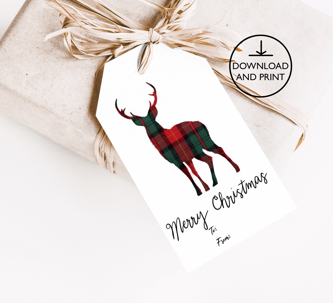 Printable Christmas Gift Tags | Green and Red Reindeer | Gingham - Etsy