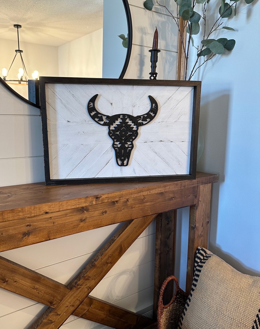 Aztec Bull Skull Wall Art, Southwestern Boho Wood Decor, Cow Skull Wood ...