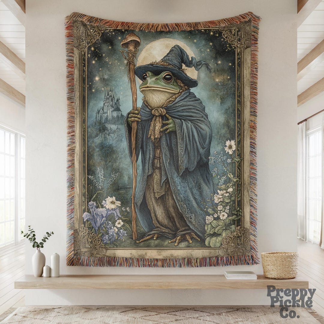 Wizard Frog Medieval Woven Throw, Magical Fantasy Home Decor Tapestry ...