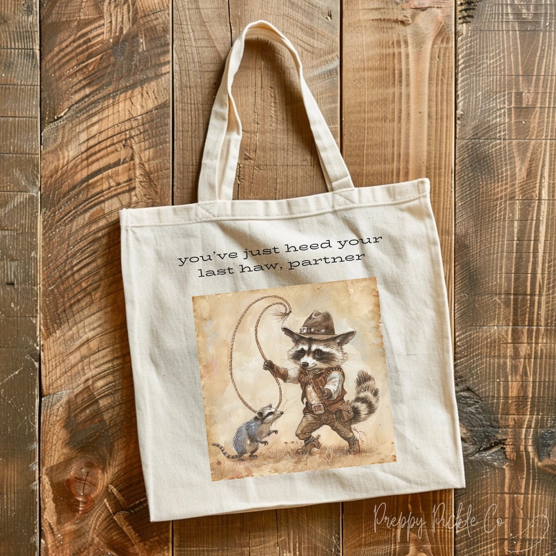Funny Vintage Racoon Cowboy Meme Tote Bag, Cute Animal Reusable Tote ...