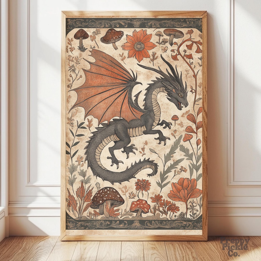 Vintage Dragon Wall Art, Whimsical Medieval Home Decor, Aesthetic ...