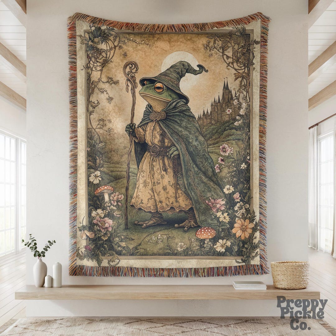 Wizard Frog Medieval Woven Throw, Magical Fantasy Home Decor Tapestry ...