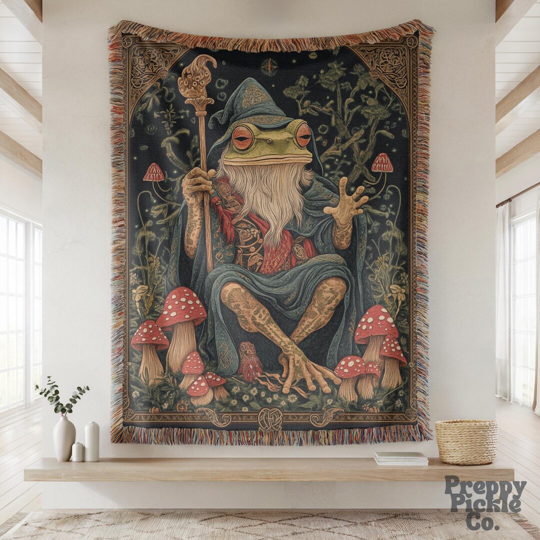 Wizard Frog Medieval Woven Throw, Magical Fantasy Home Decor Tapestry ...