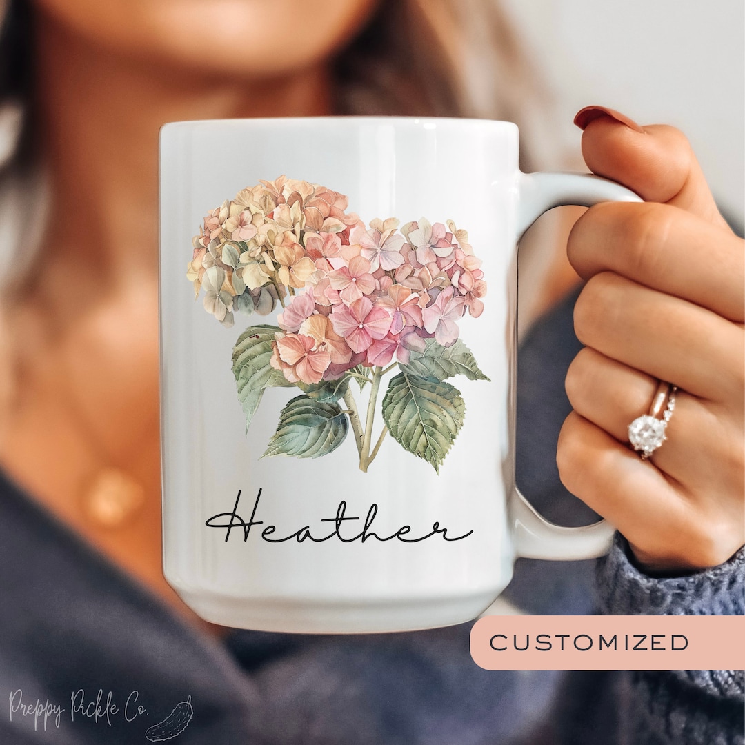 Custom Elegant Pink Floral Mug Hydrangea, Personalized Pressed Flowers ...