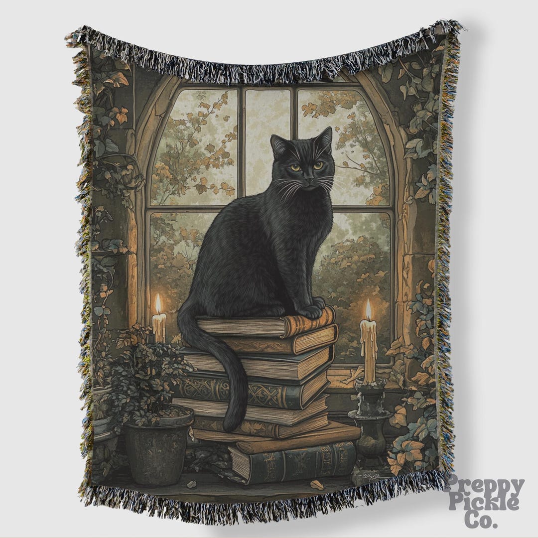 Black Cat Library Woven Blanket, Dark Academia Wall Hanging Tapestry ...
