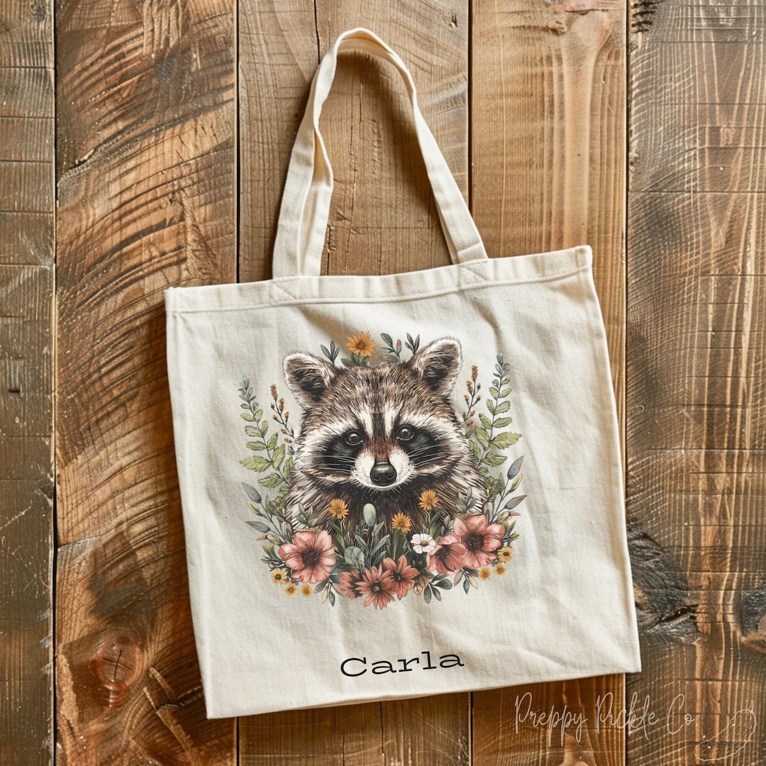 Custom Cottagecore Raccoon Tote Bag, Personalized Botanical Floral Tote ...