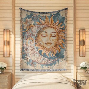 Retro Celestial Cotton Woven Throw Blanket, 90's Throwback Sun and Moon ...