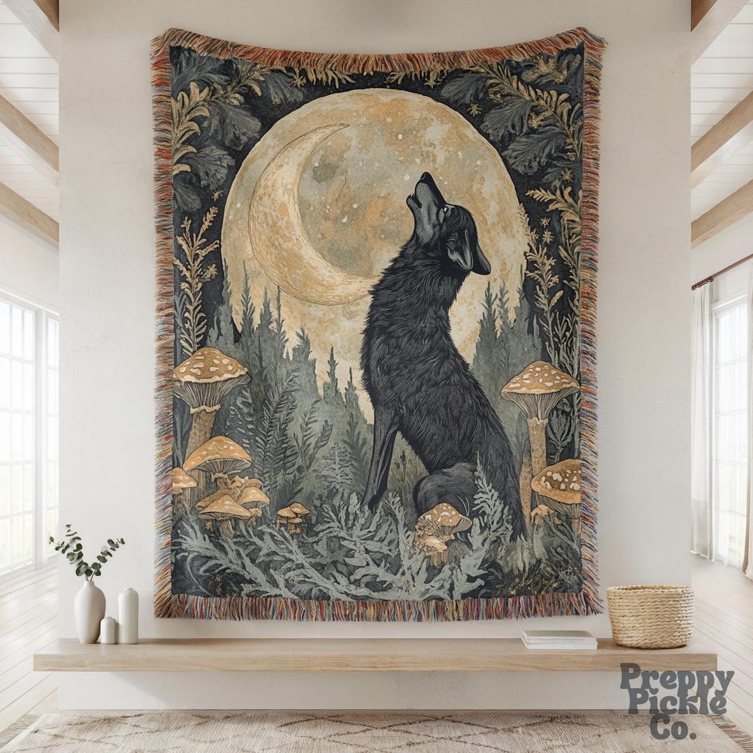 Celestial Wolf Woven Throw, Full Moon Fantasy Boho Flower Decor ...