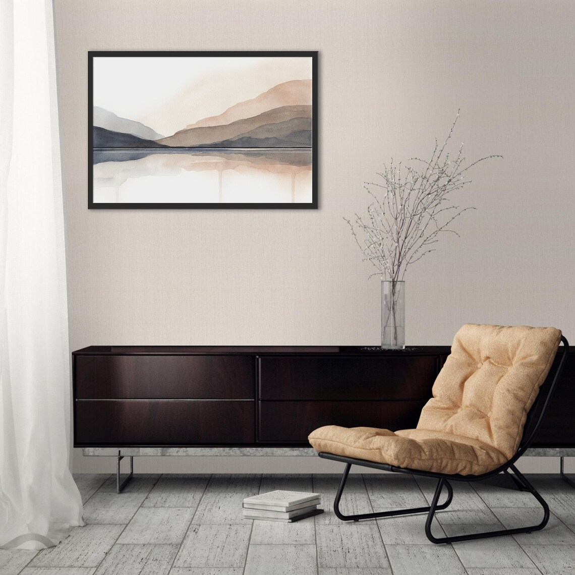 Neutral Landscape Art Print Mountain Lake Abstract Watercolor Painting ...