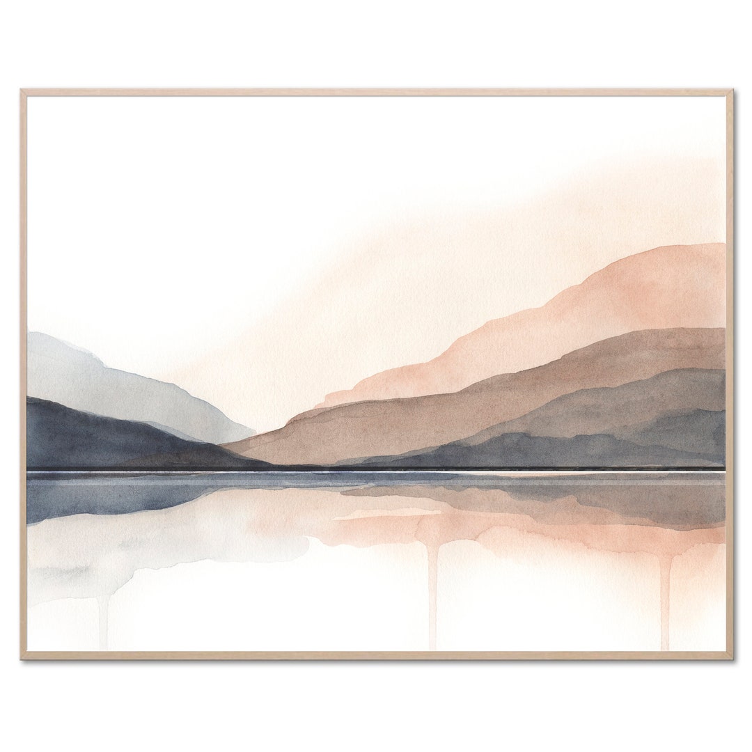 Neutral Landscape Art Print Mountain Lake Abstract Watercolor Painting ...