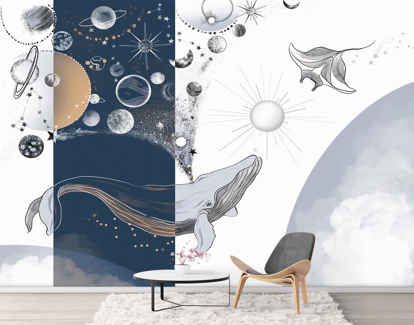 Whimsical Whale Stingray and Stars Drawing ,modern Nursery and Kids ...