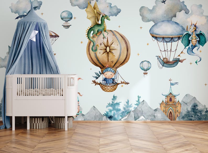 Flying Dragons and Little Knight on Hot Air Balloon, Nursery and Kids ...