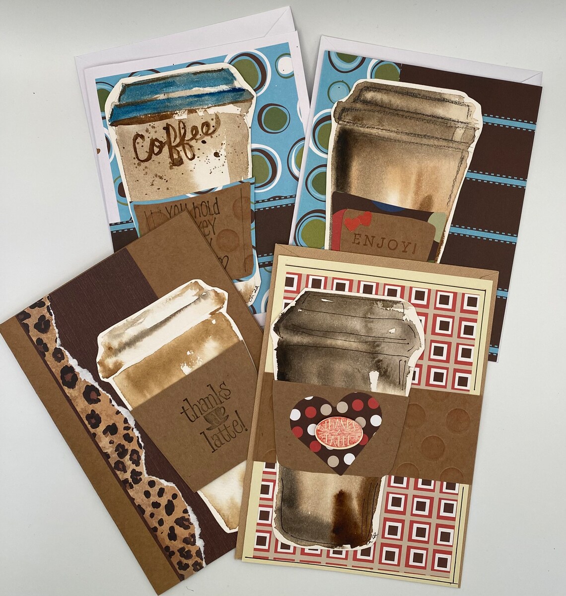 E. Coffee Theme Hand Painted Card Set, 4 5x7 Cards With Envelopes ...