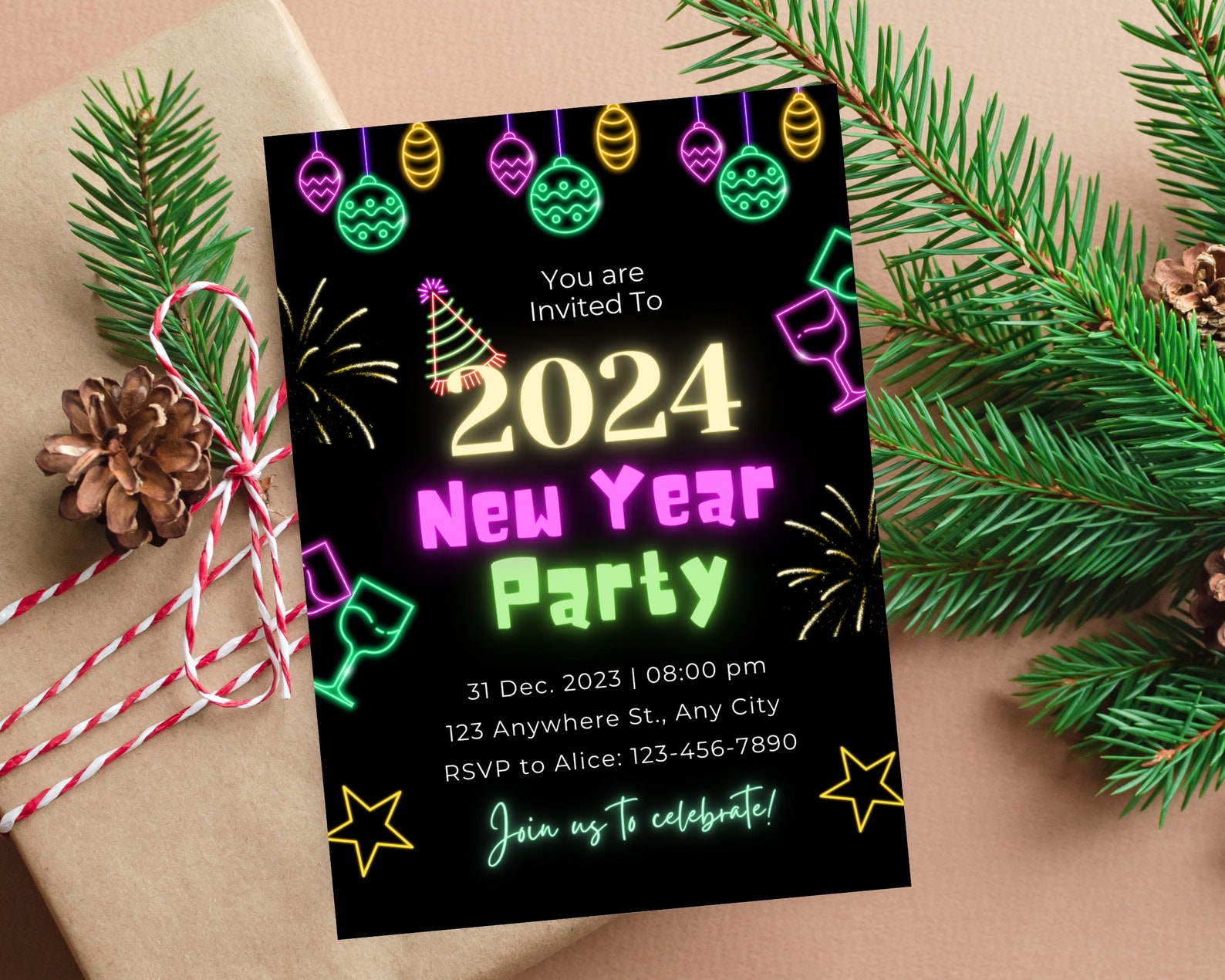 Neon New Years Party Invitation, 2024 New Years Eve Party Printable ...