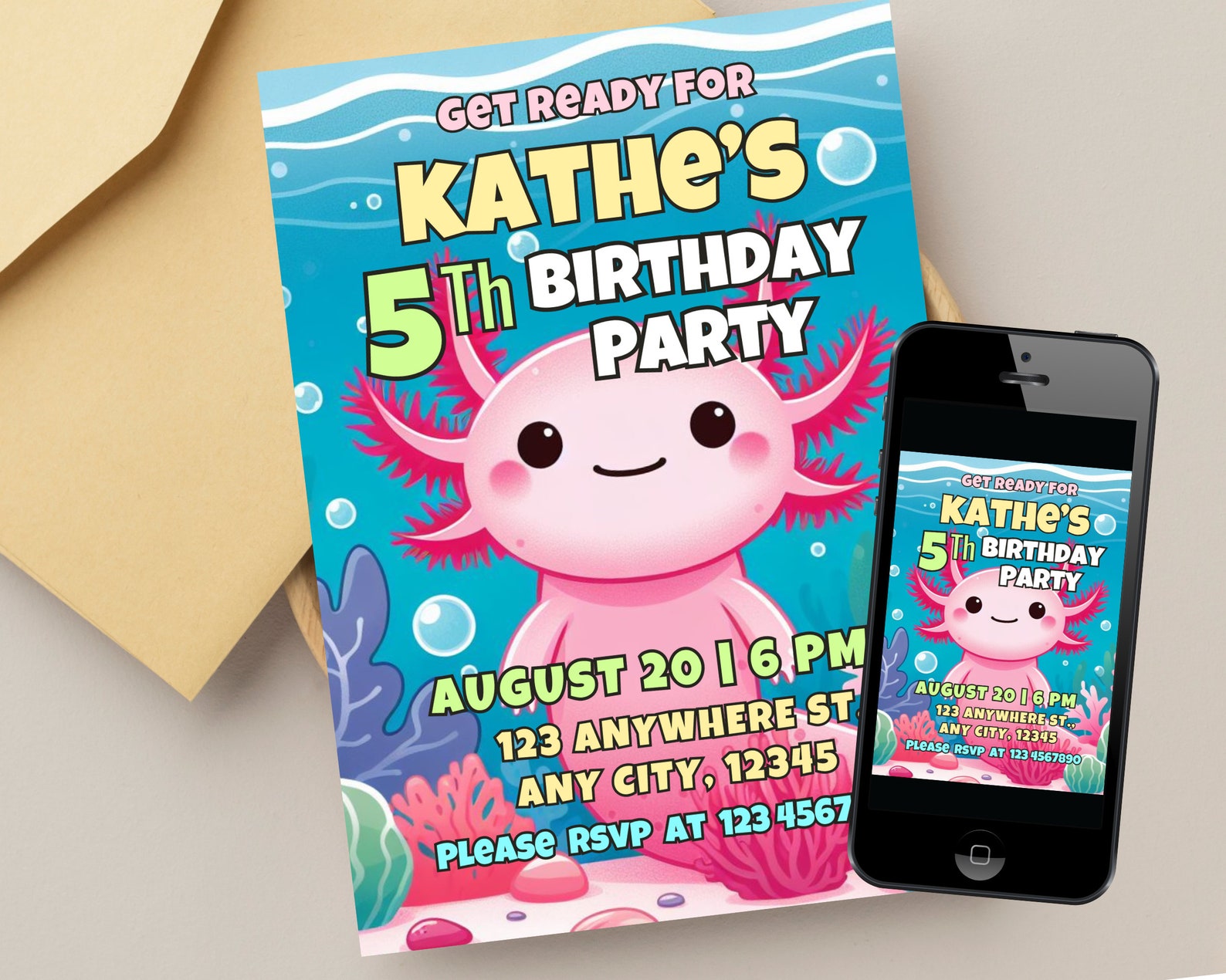 Axolotl Birthday Party Invitation, Editable Axolotl Birthday Party ...