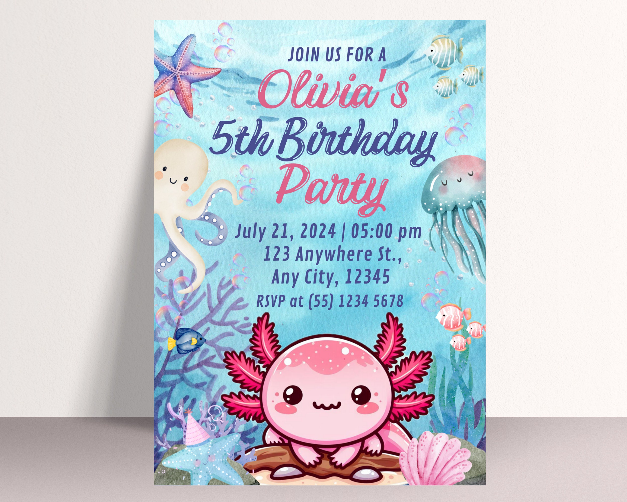 Axolotl Birthday Invitation: Editable Pink Party Invite (digital) - Etsy