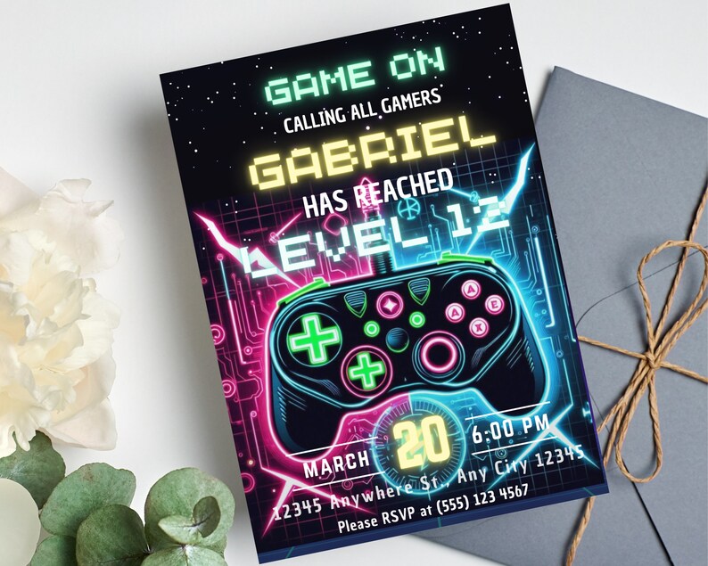 Editable Video Game Birthday Invitation: Neon Gamer Party Invite - Etsy