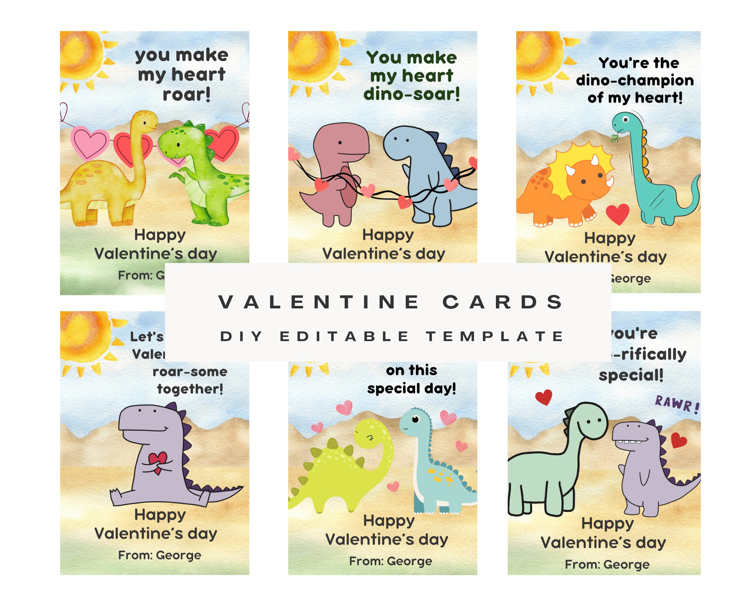 Printable Dinosaur Valentine's Day Cards: Editable Kids Valentines ...