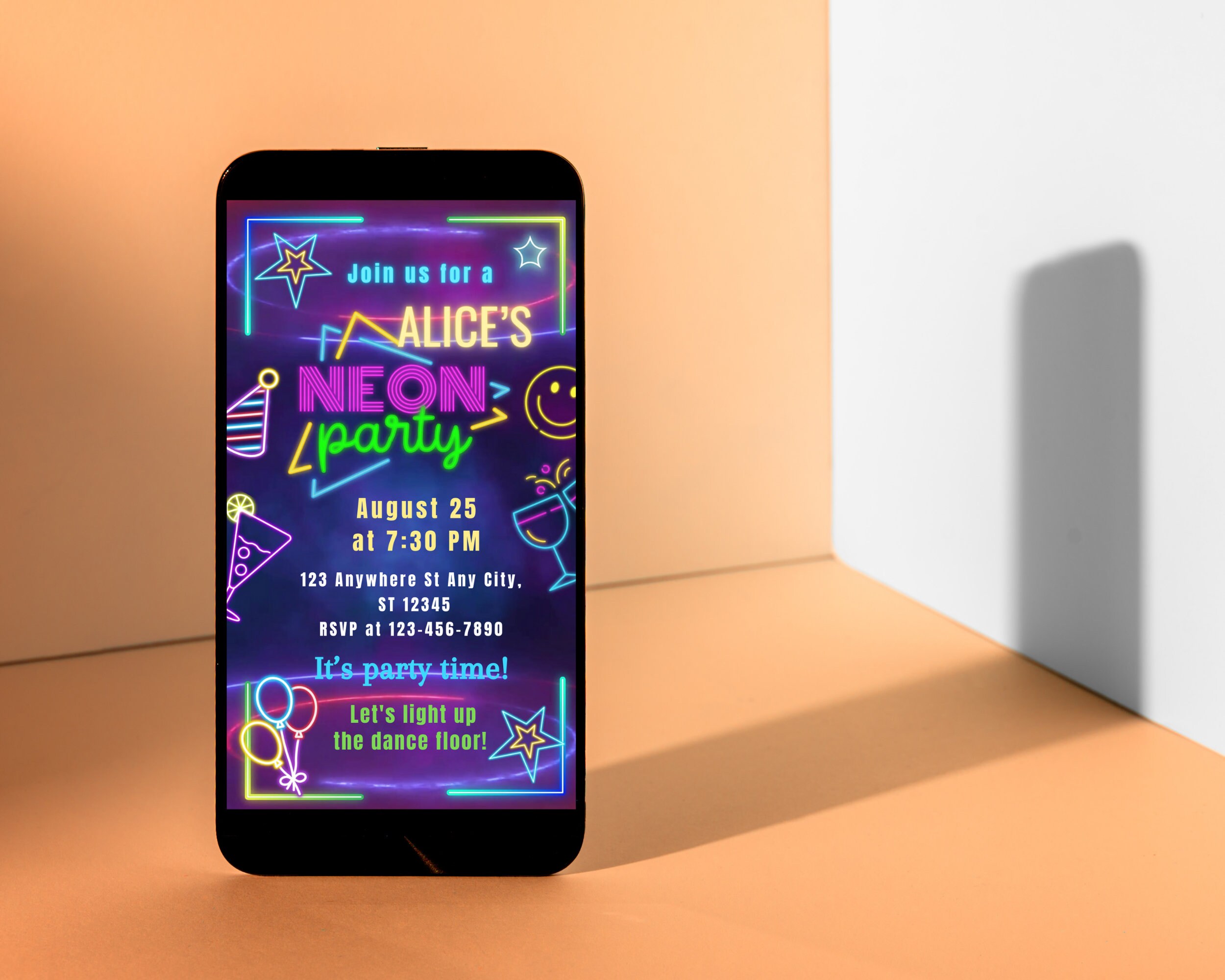 Neon Birthday Party Video Invitation, Editable Neon Glow Party Invite ...