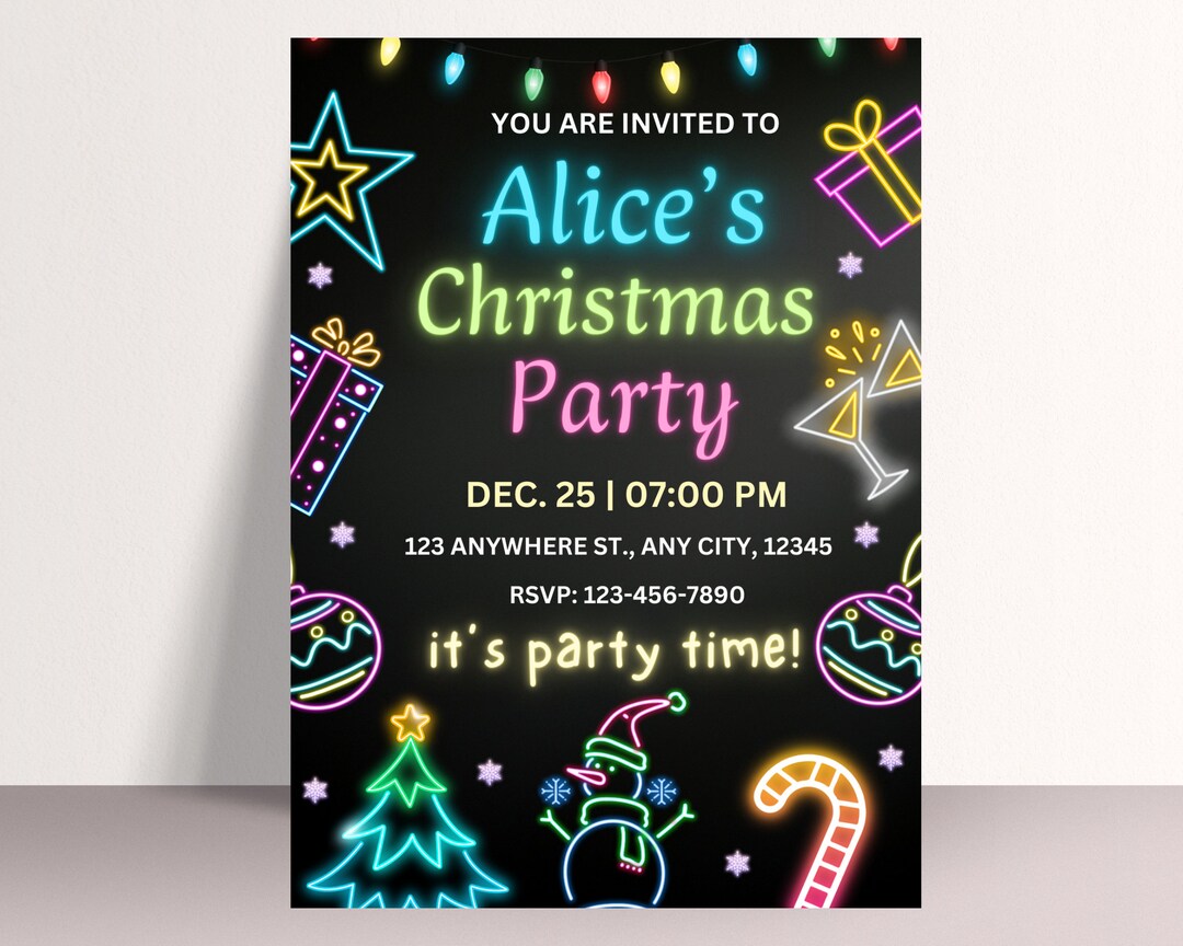 Neon Christmas Party Invitation: Editable Printable Invite (canva) - Etsy