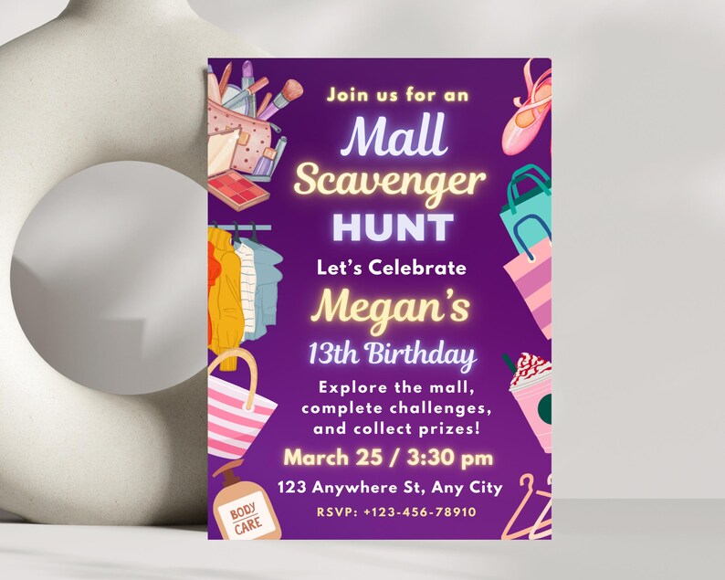Editable Mall Scavenger Hunt Birthday Invitation (canva Print Design ...